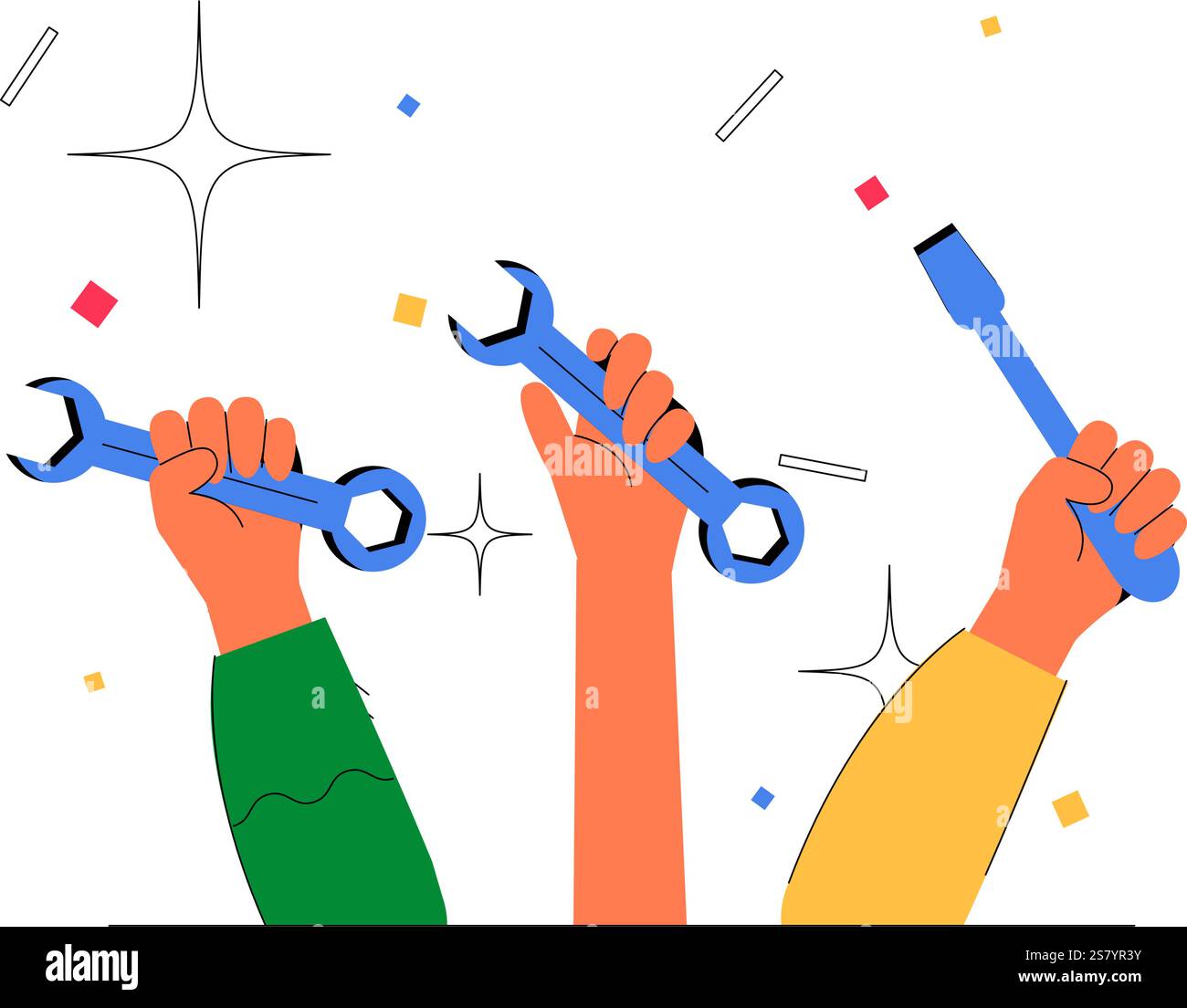 Hands Holding Tools In Flat Vector Illustration Symbolizing Teamwork ...