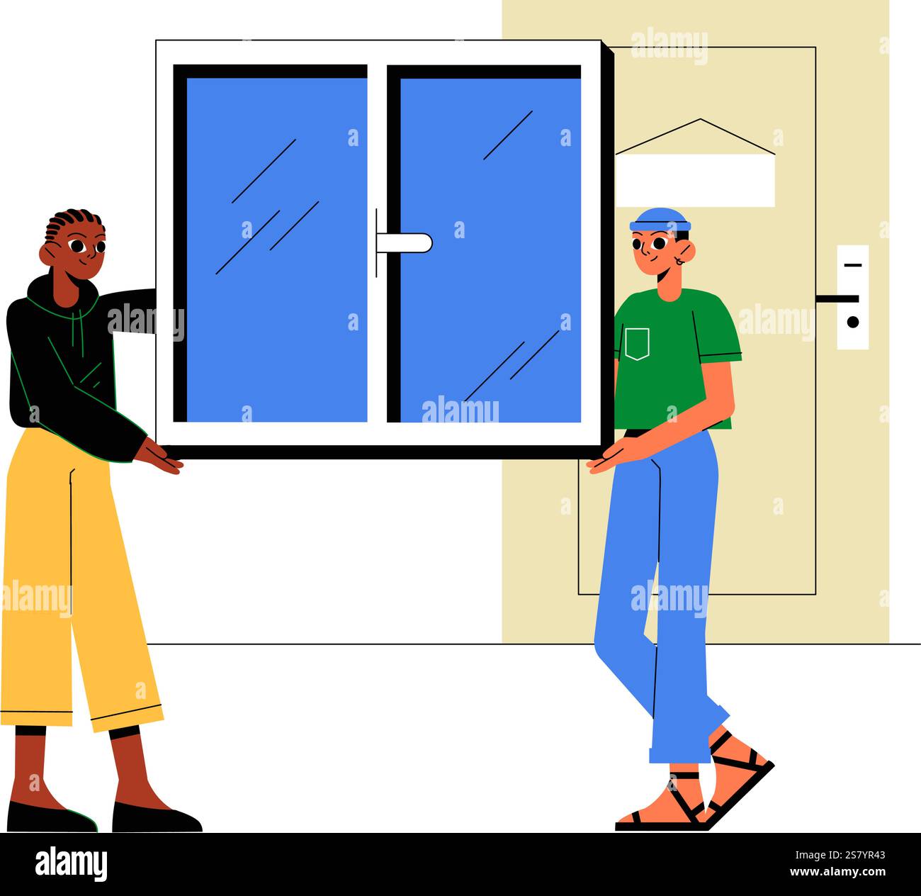 Two Male Characters Carrying Window Frame In Flat Vector Illustration ...