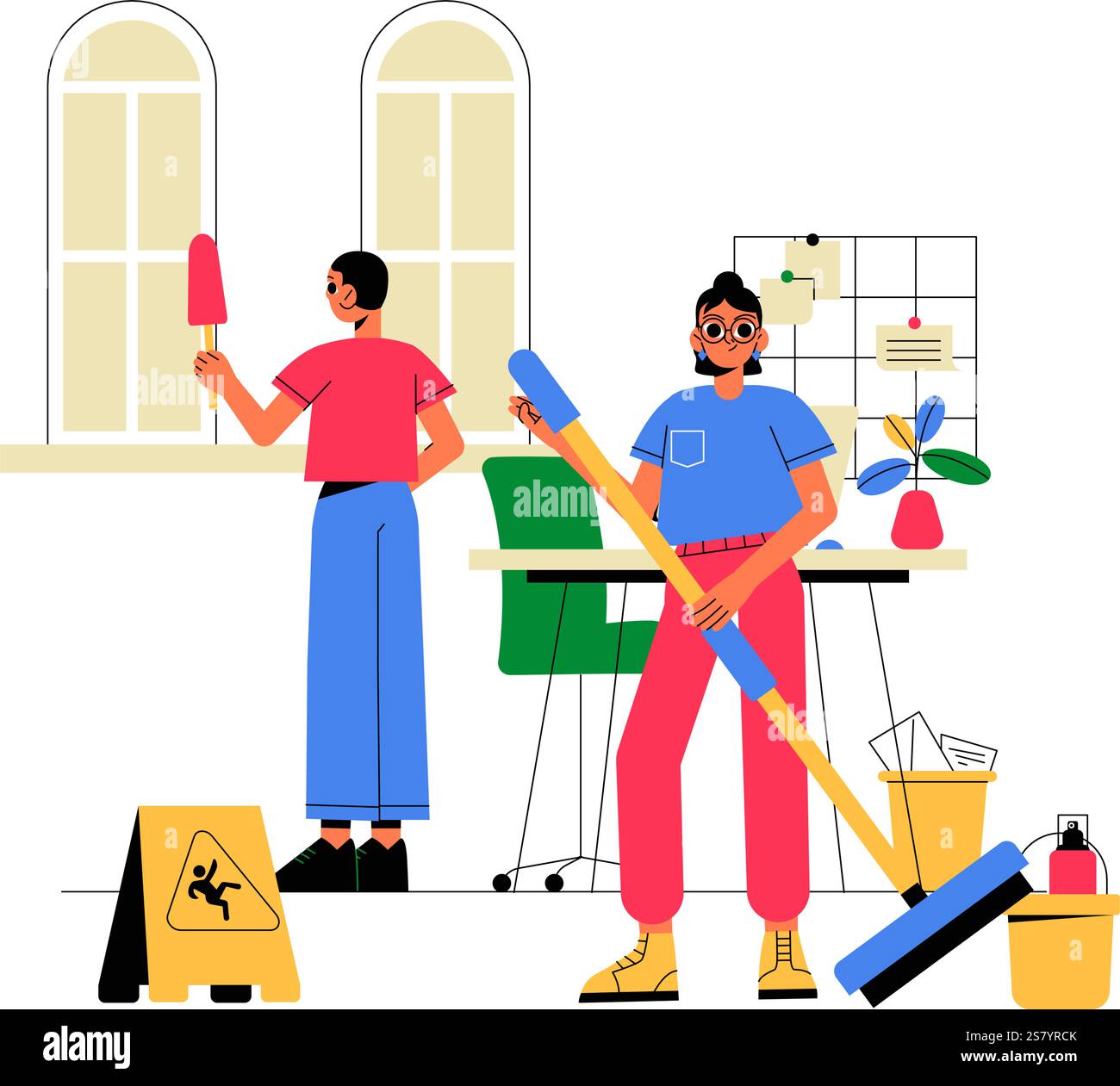 Man Cleaning Windows And Woman Mopping Office Floor In Flat Vector ...