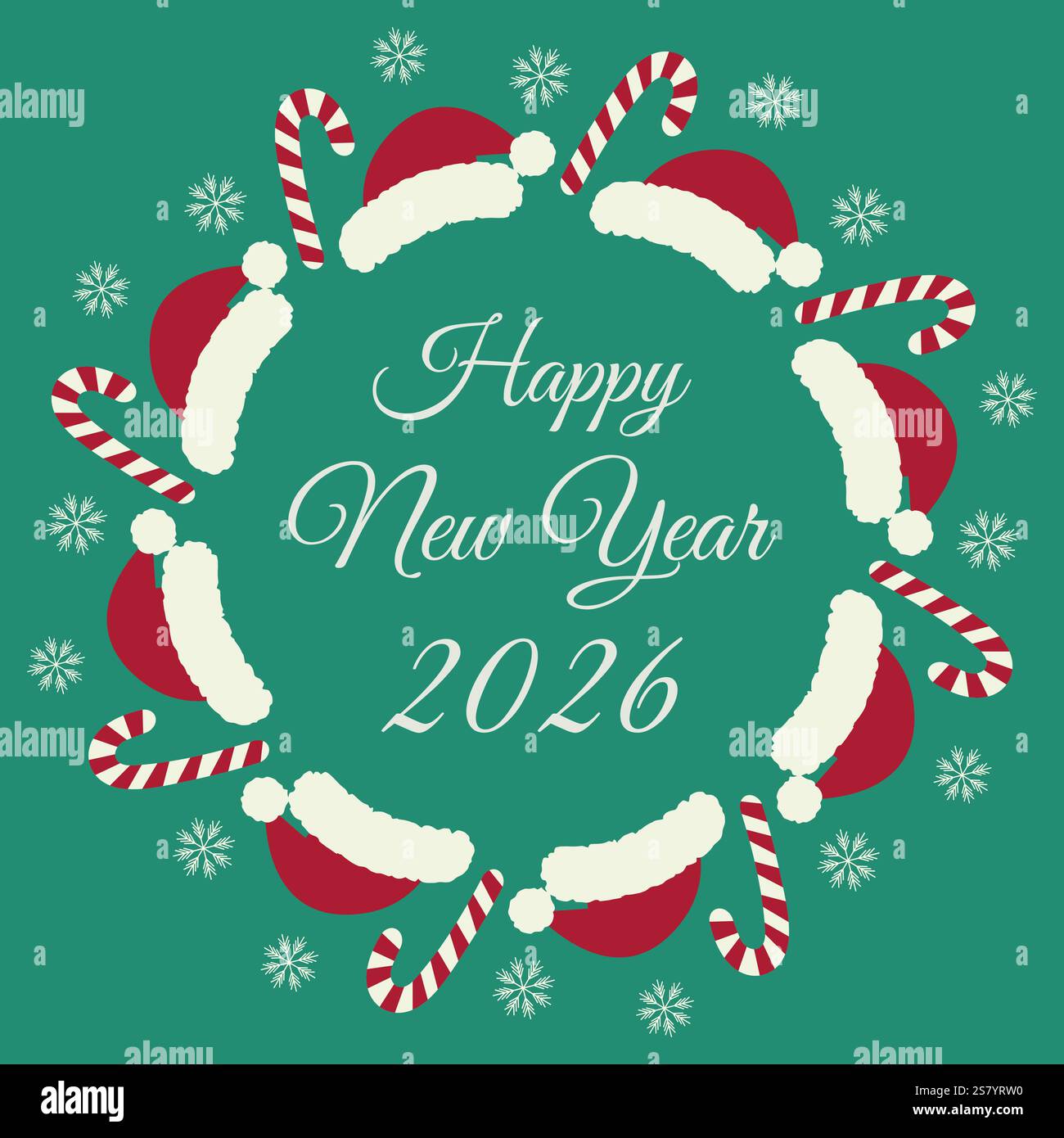 Happy New Year 2026 Hand drawn Lettering and Santa hats, Candy Cane and ...