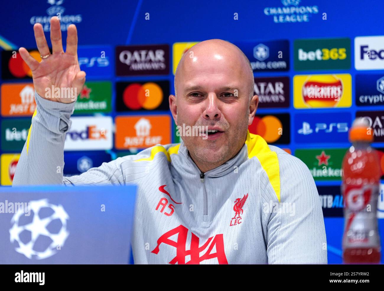 Liverpool manager Arne Slot during a press conference at Anfield ...