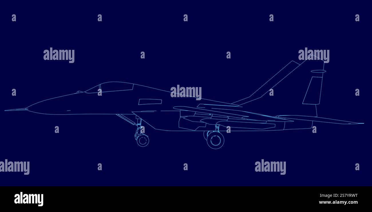 Blue airplane is shown in a black background. The image is a stylized ...
