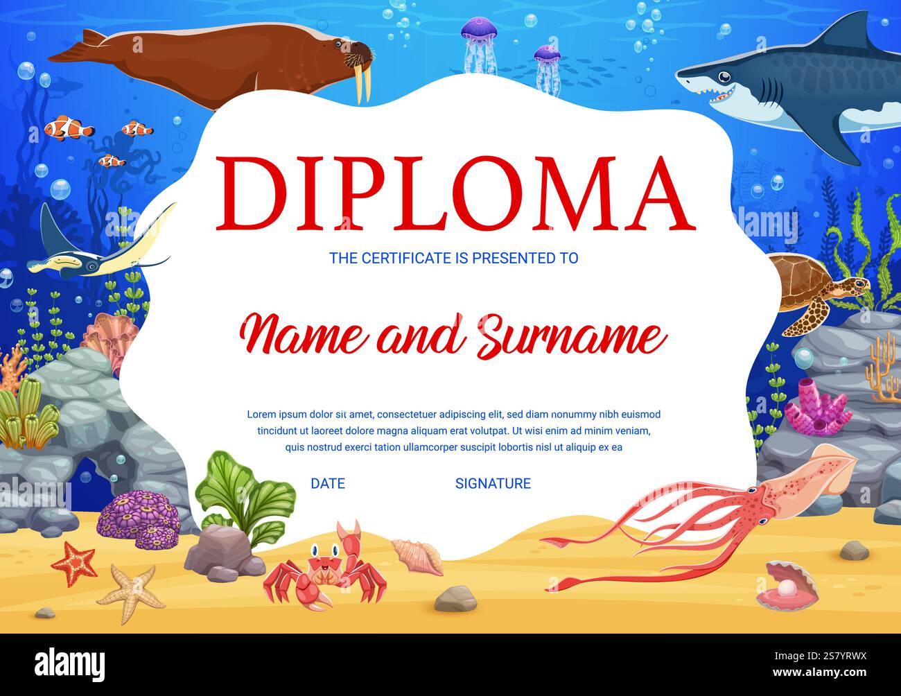 Kids diploma with sea underwater animals. Child achievement vector ...