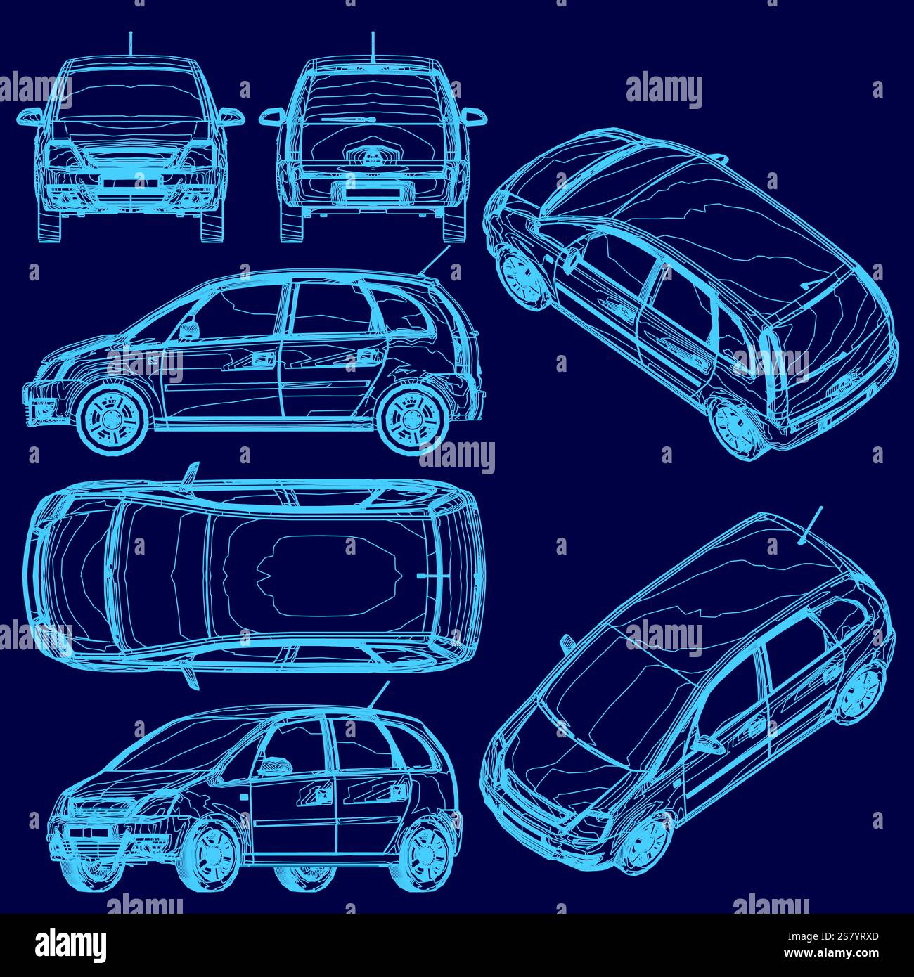 Blue car is shown in different angles. The car is a hatchback and has a ...