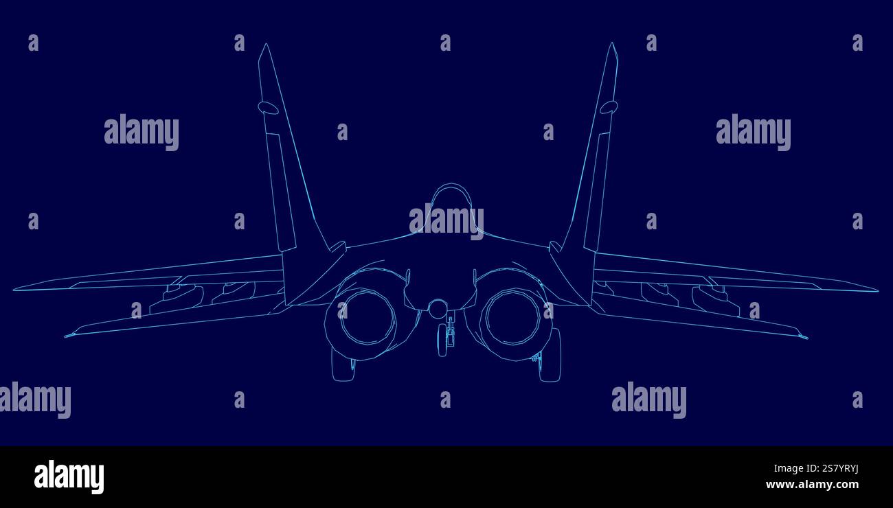 Blue image of a jet plane with the tail section cut off. The image is a ...