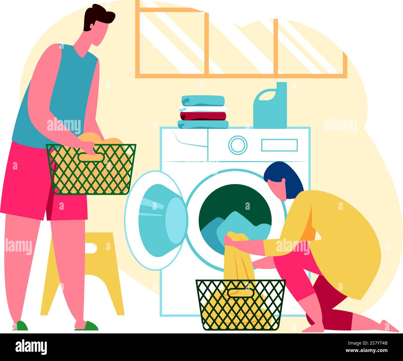 Young man carrying laundry basket and woman loading clothes into ...