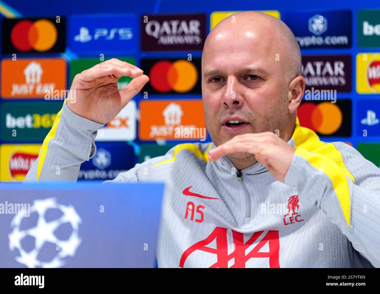 Liverpool manager Arne Slot during a press conference at Anfield ...