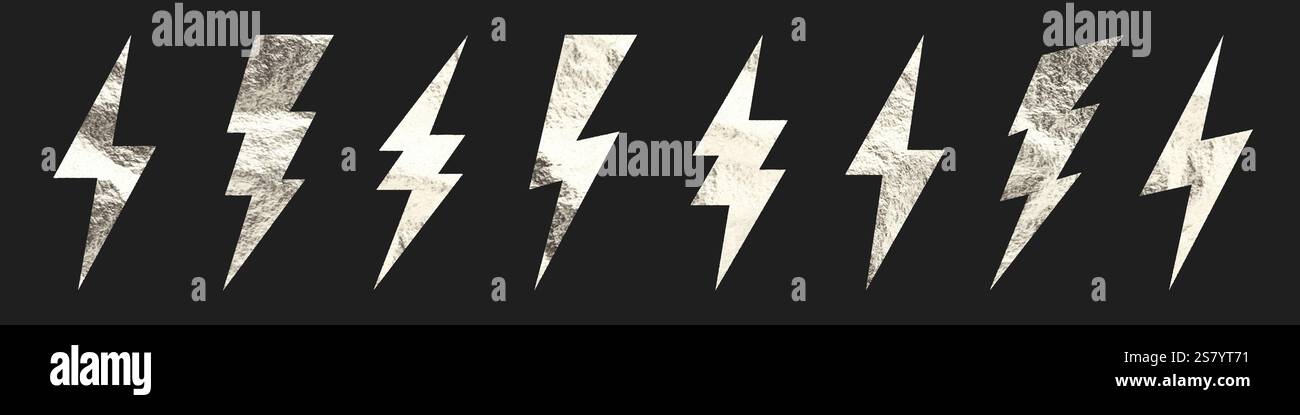 Silver lightning bolt icons collection. Gold foil texture. Flash symbol ...