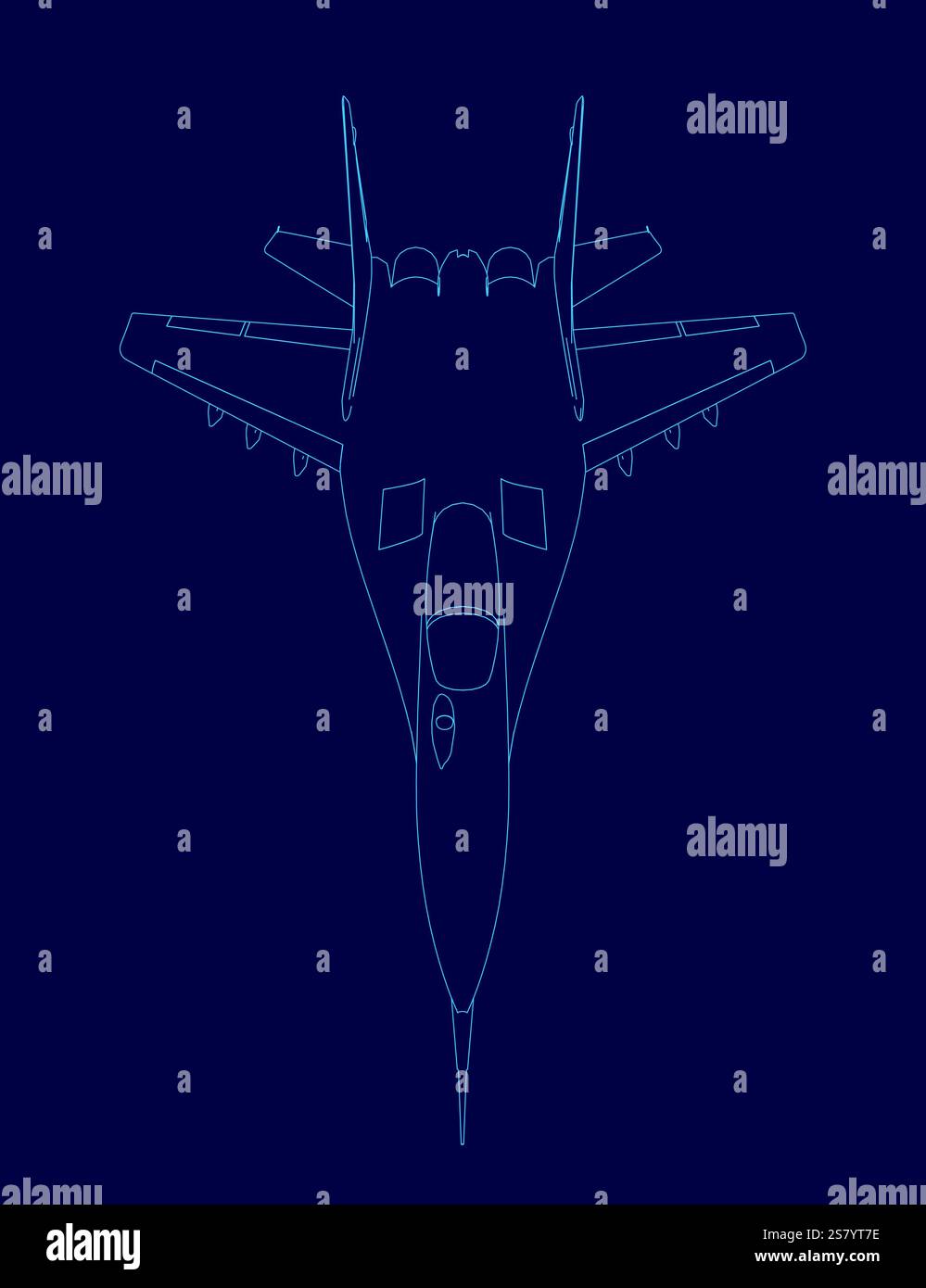 Blue airplane is shown in a blue background. The airplane is a fighter ...