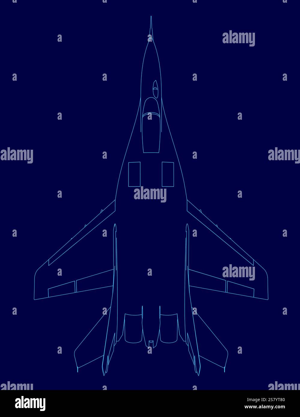 Blue airplane is shown in a blue drawing. The airplane is a fighter jet ...