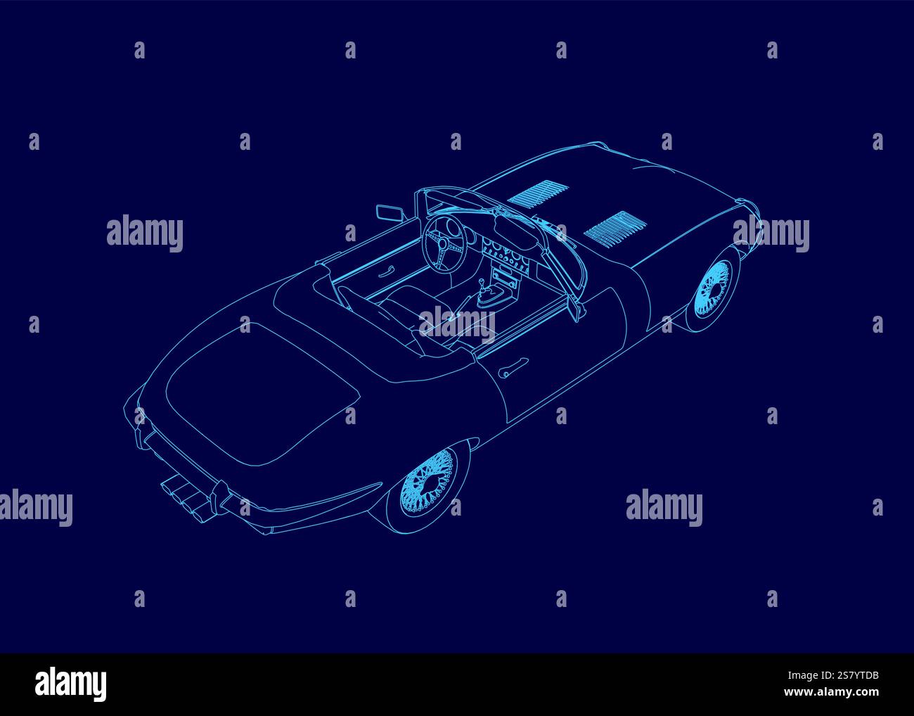 Blue car outline with interior. The car is a convertible. Isometric ...
