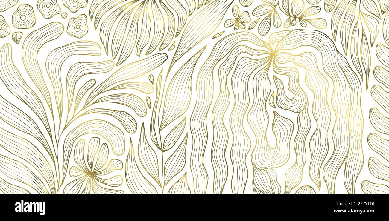 Vector art deco floral pattern, wavy luxury golden line background ...