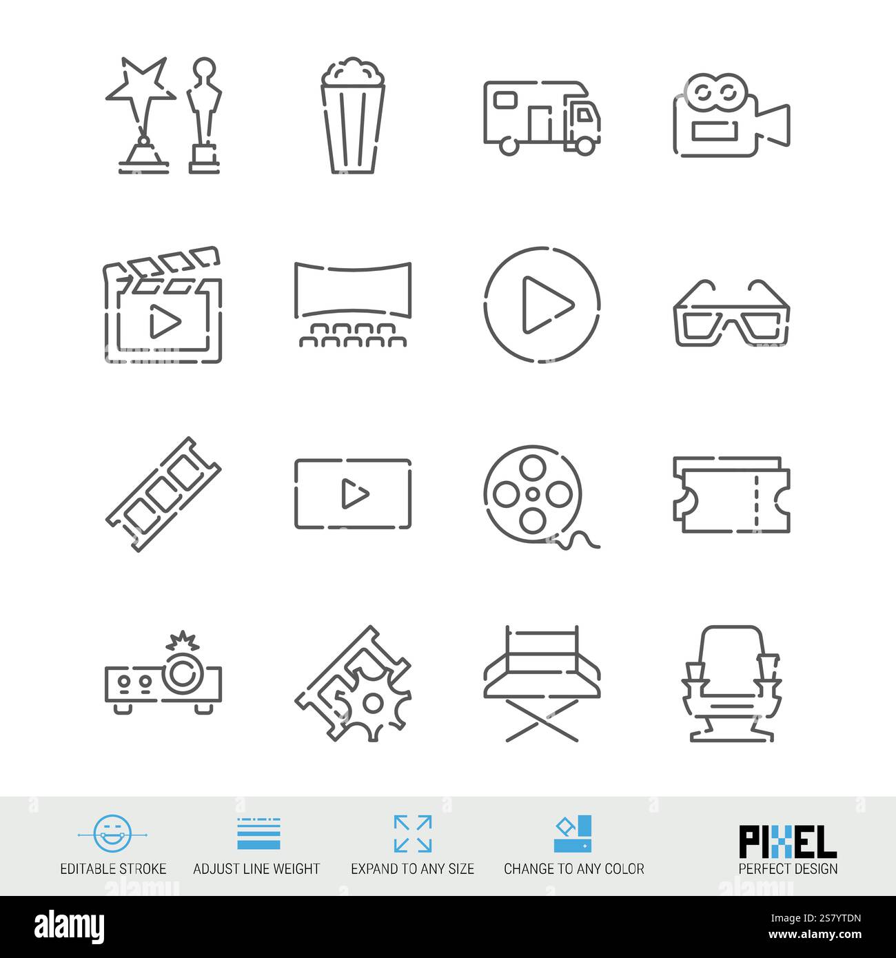 Cinema, movie theater related vector line icon set isolated on white. Pixel perfect design ...