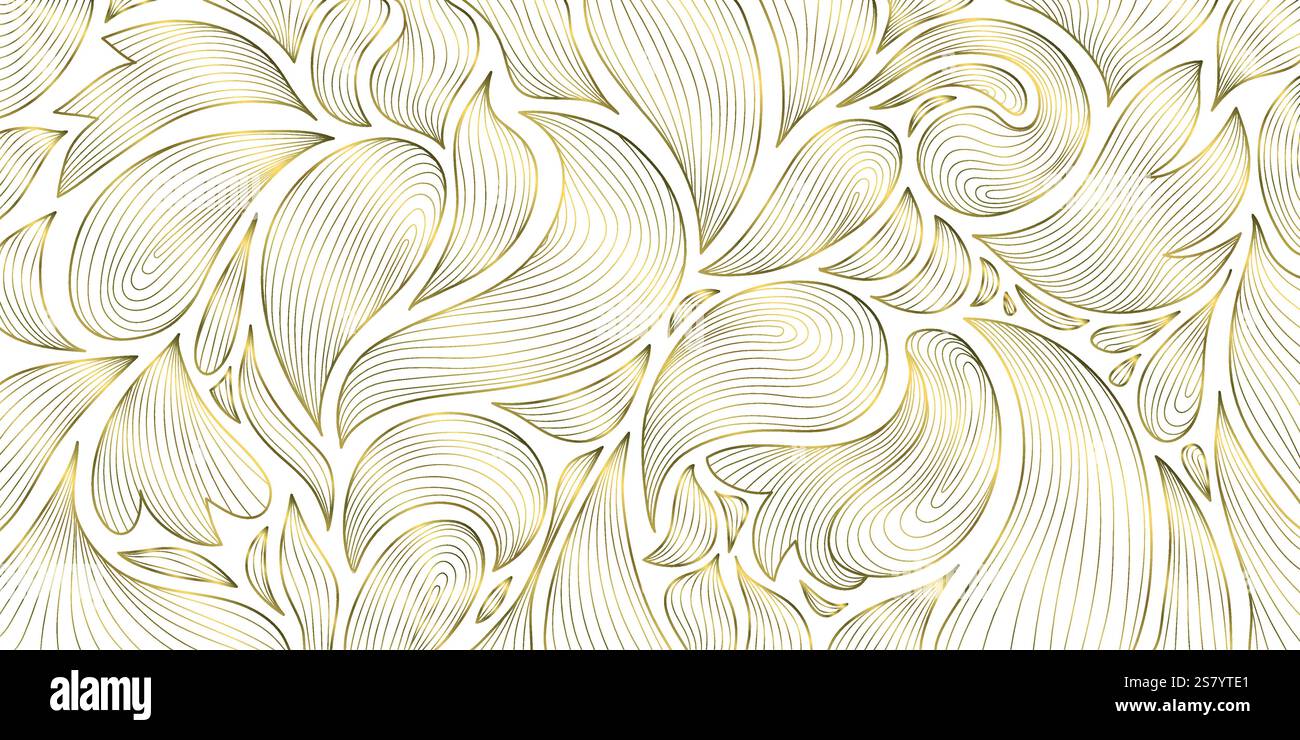 Vector art deco floral pattern, wavy luxury golden line background ...