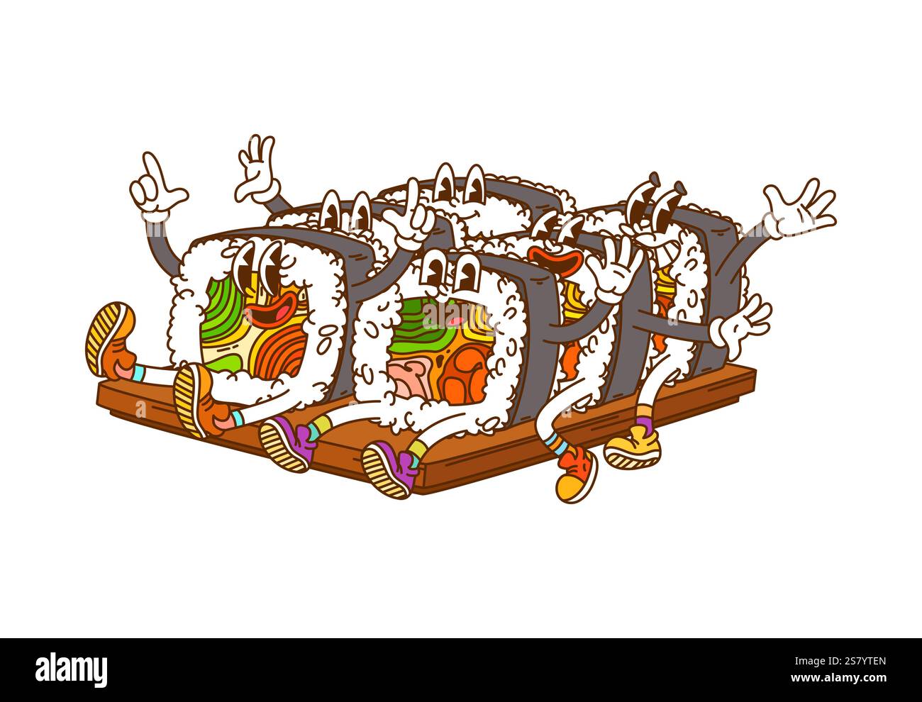Groovy sushi rolls as retro cartoon hippie fast food, vector characters ...
