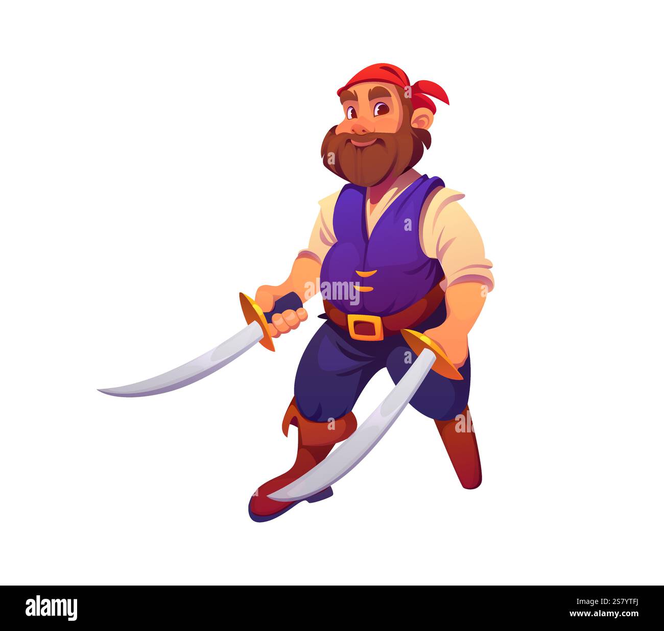 Cartoon pirate captain and corsair sailor character with confident smile, dual wielding swords ...