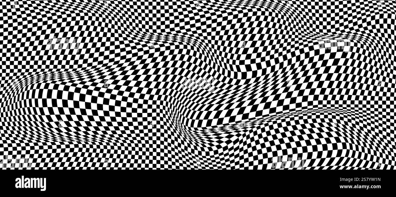 Chess wavy board optical visual illusion, checkerboard banner template. Black and white checkers ...