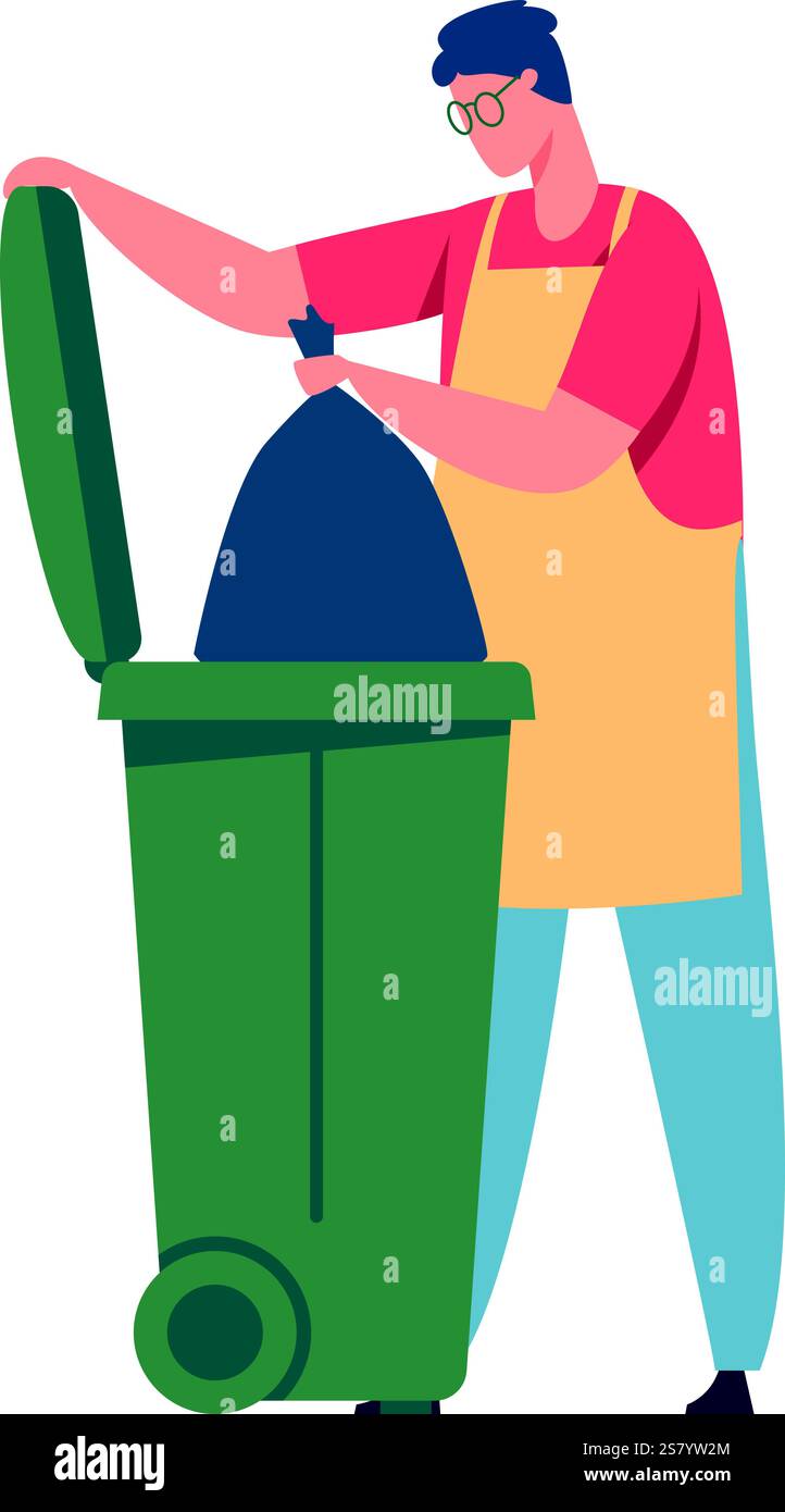 Janitor wearing an apron and glasses tossing a full garbage bag into a ...
