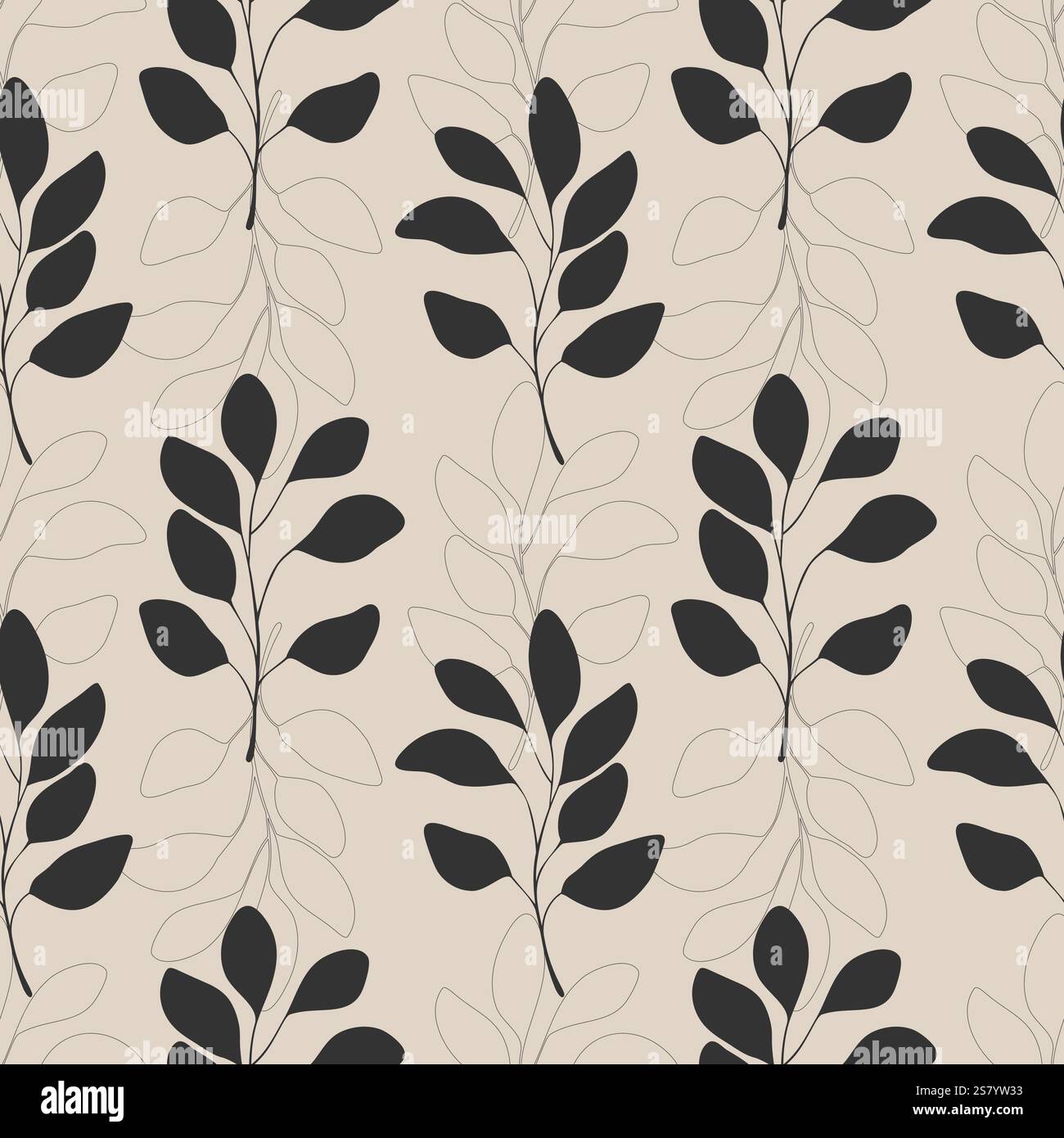 Pattern with eucalyptus branches, dark leaves silhouette and contour, on beige background. For ...