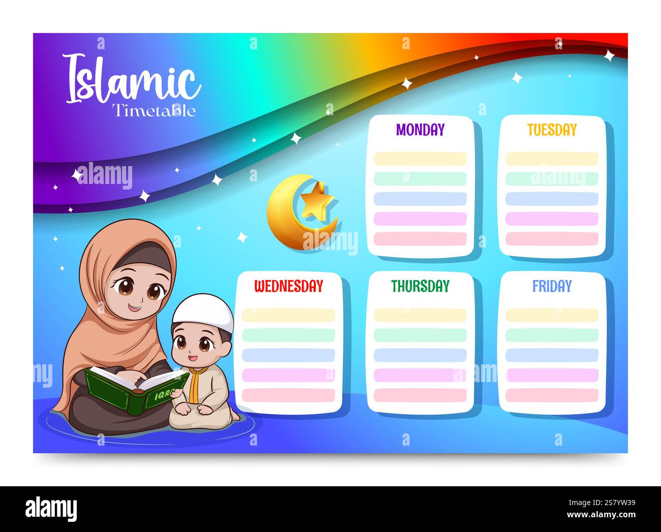 Islamic school timetable background, with illustration of a muslim ...