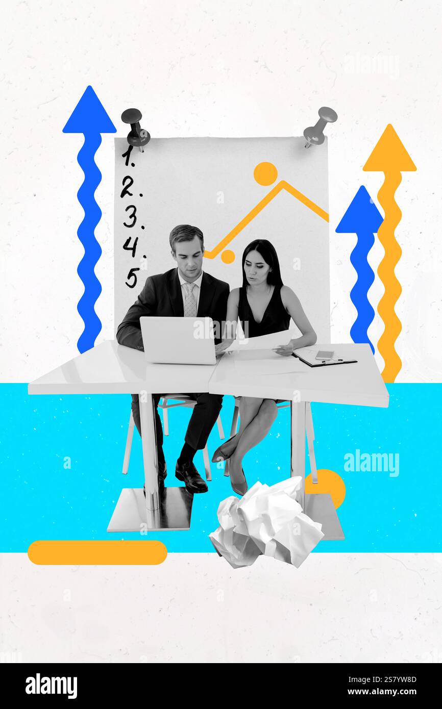 Vertical photo collage of two serious girl guy sit table arrow ...