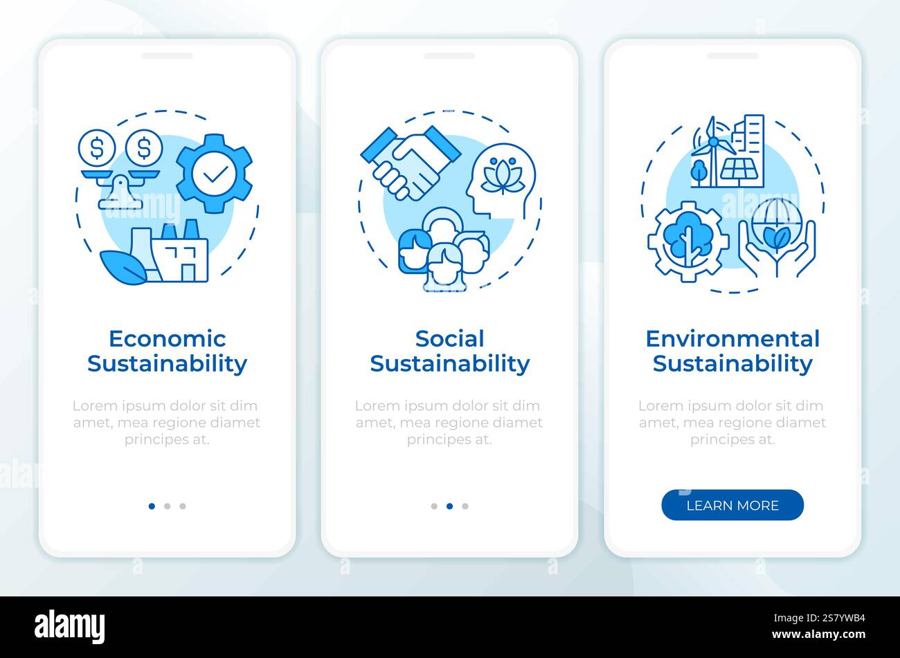 Sustainability Pillars Blue Onboarding Mobile App Screen Walkthrough 3 Steps Editable Graphic