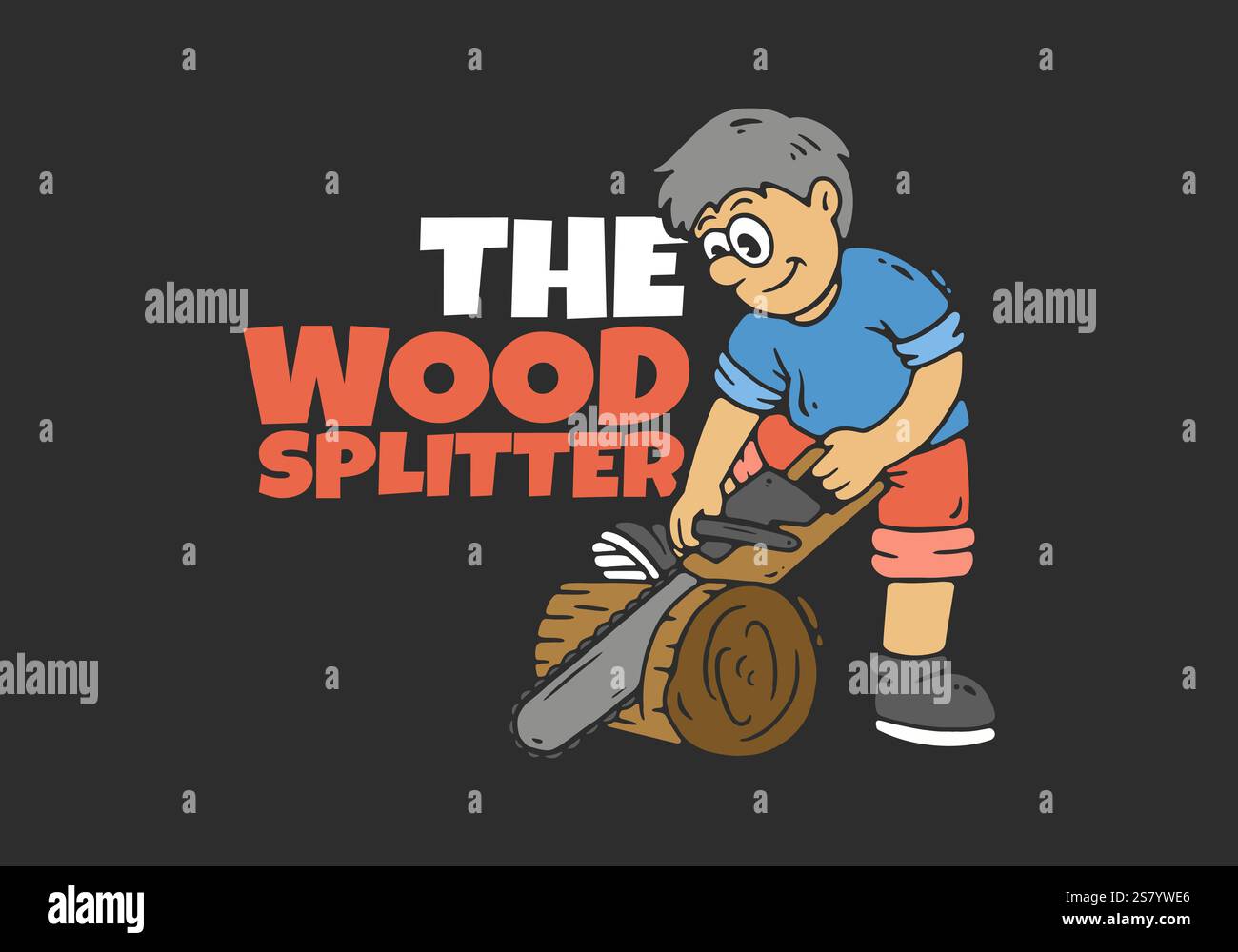 Wood splitter mascot character is splitting wood using a chainsaw. Flat ...