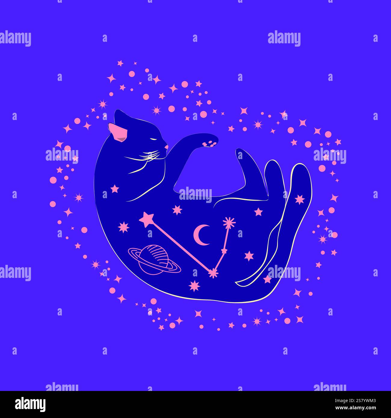 Mystical cat in boho style surrounded by stars, zodiac signs, balls ...