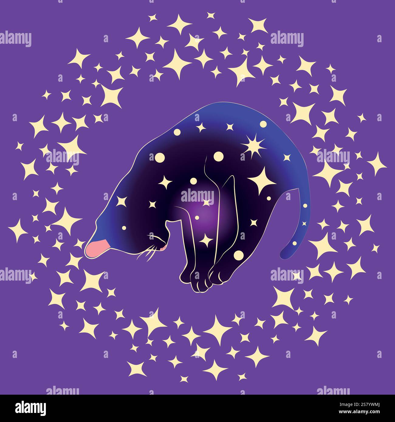 Mystical cat in boho style surrounded by stars, zodiac signs, balls ...