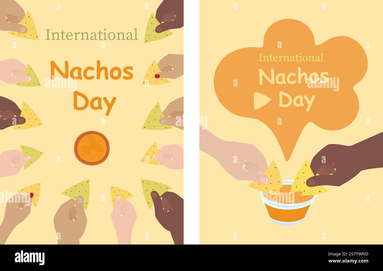 Human hands dipping Nachos in cheese sauce and International Nachos Day ...