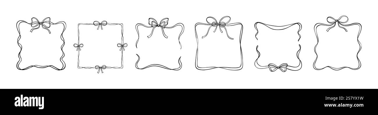 Square bow ribbon frame collection. Hand drawn charcoal border. Cute ...
