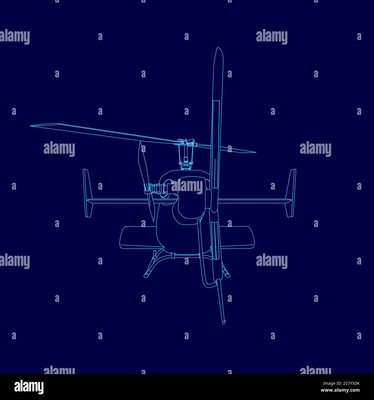 Blue drawing of a helicopter with a propeller. The drawing is in blue ...