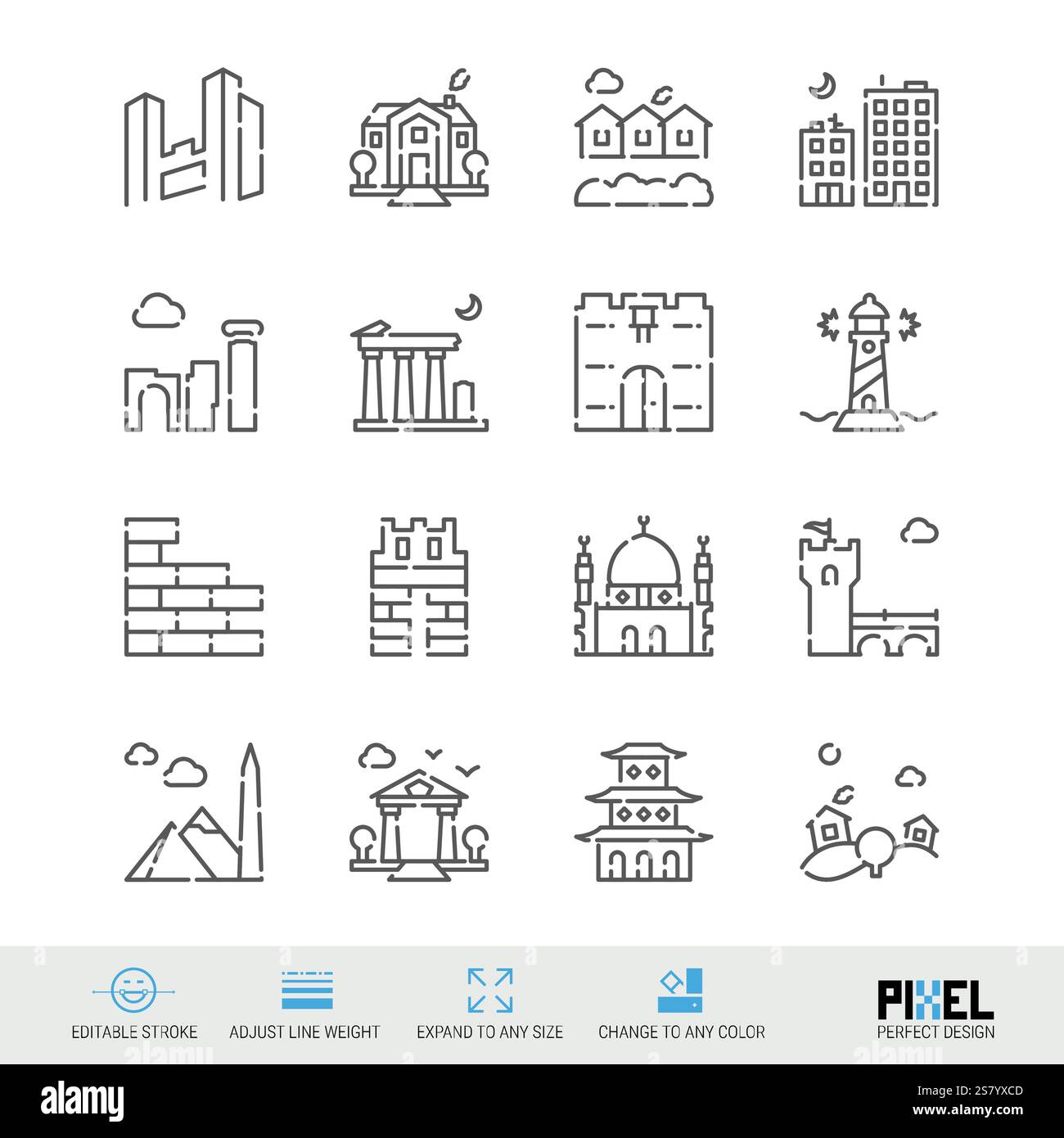 Modern And Ancient Architecture Buildings Related Vector Line Icon Set