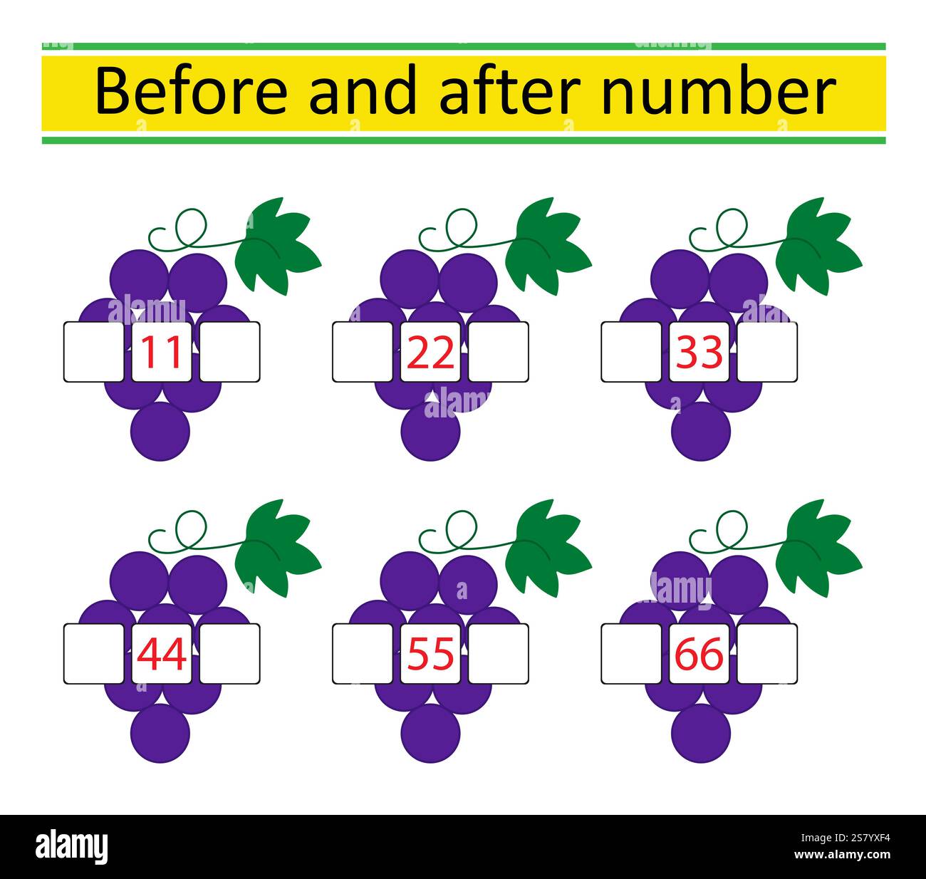 What comes Before and After. Math worksheets for kids. Number range up to 70. Vector ...