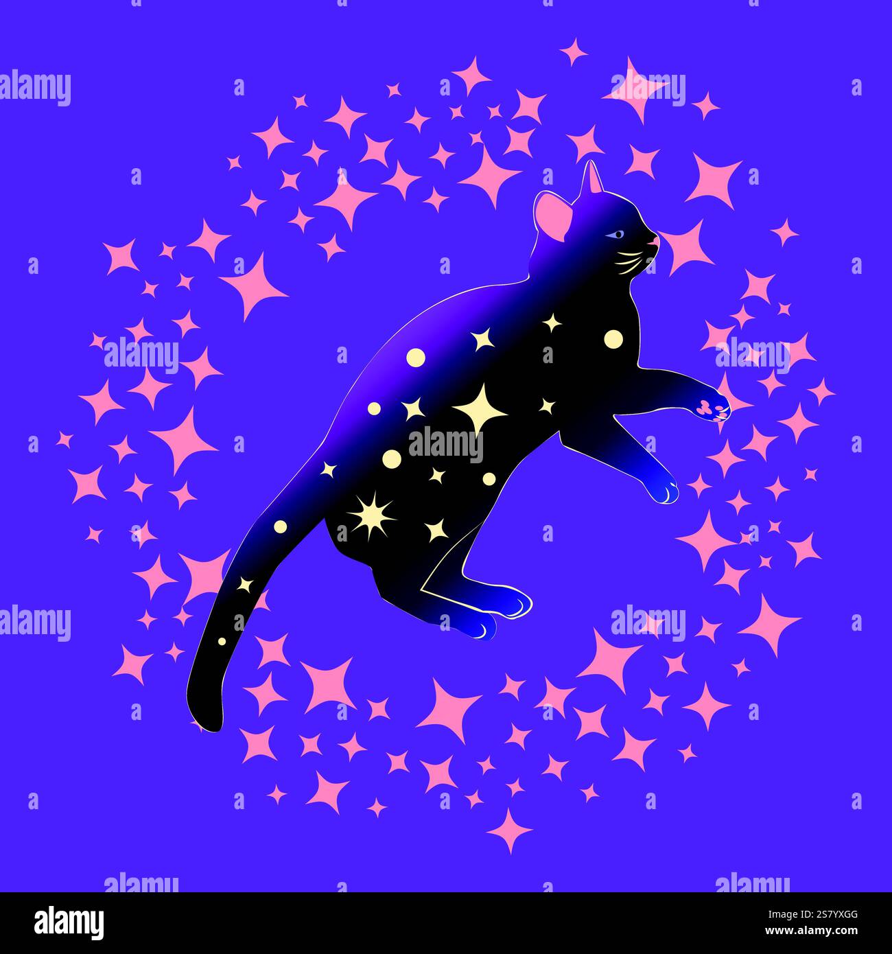 Mystical cat in boho style surrounded by stars, zodiac signs, balls ...