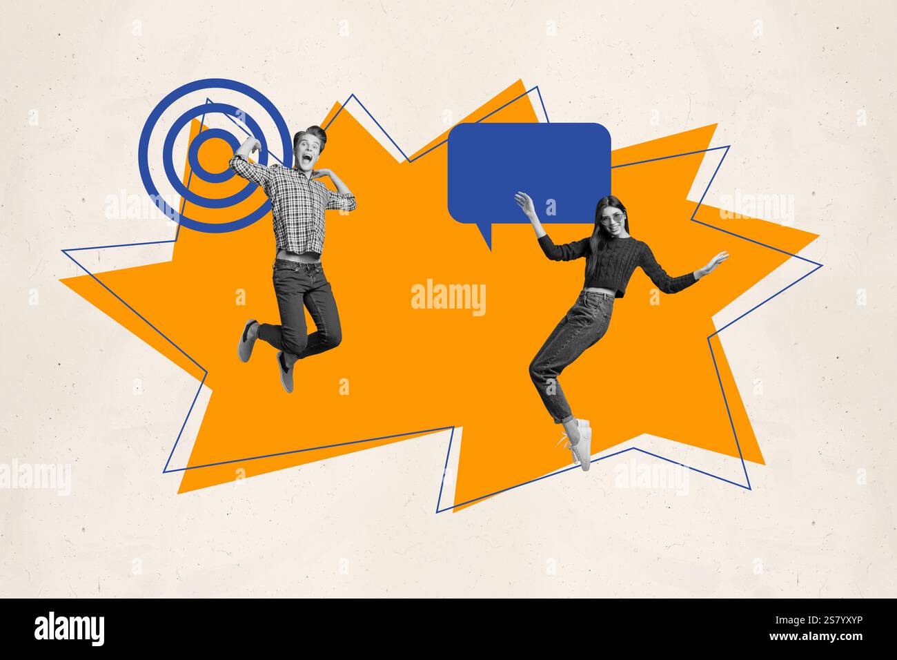 Composite 3D photo collage design trend sketch of couple young lady man ...