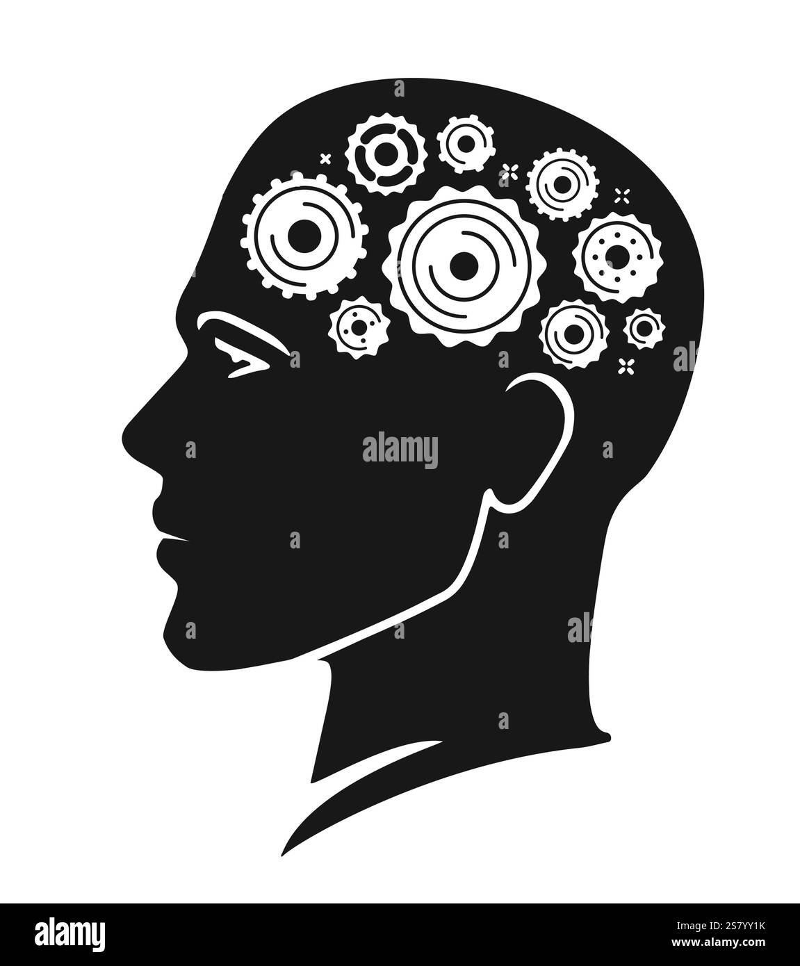 Human head with gears and cogwheels. Thinking brain in process, mind ...