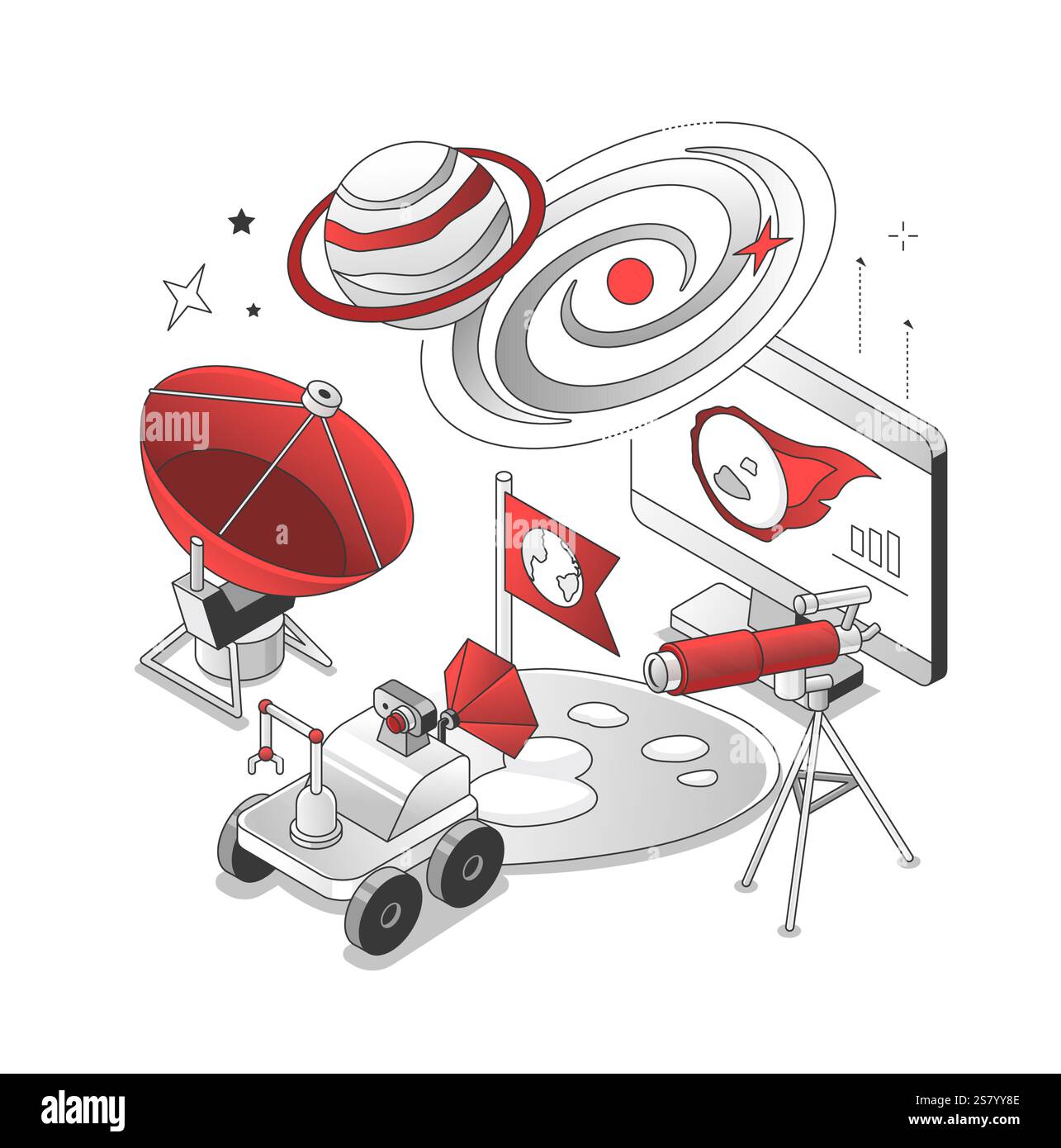 Uncharted planets- isometric black and red line illustration Stock ...