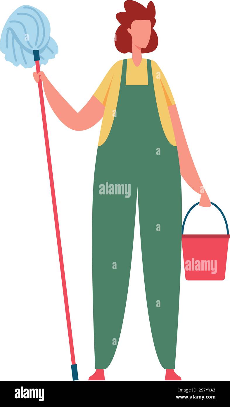 Professional cleaning lady holding mop and bucket wearing uniform ...