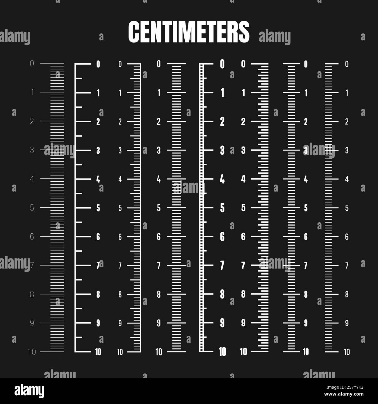 Vertical centimeter scale for measuring length or height. Various ...