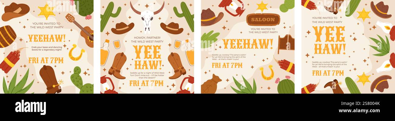 Wild West Party Invitation Design with Western Icons, Cowboy Hats ...