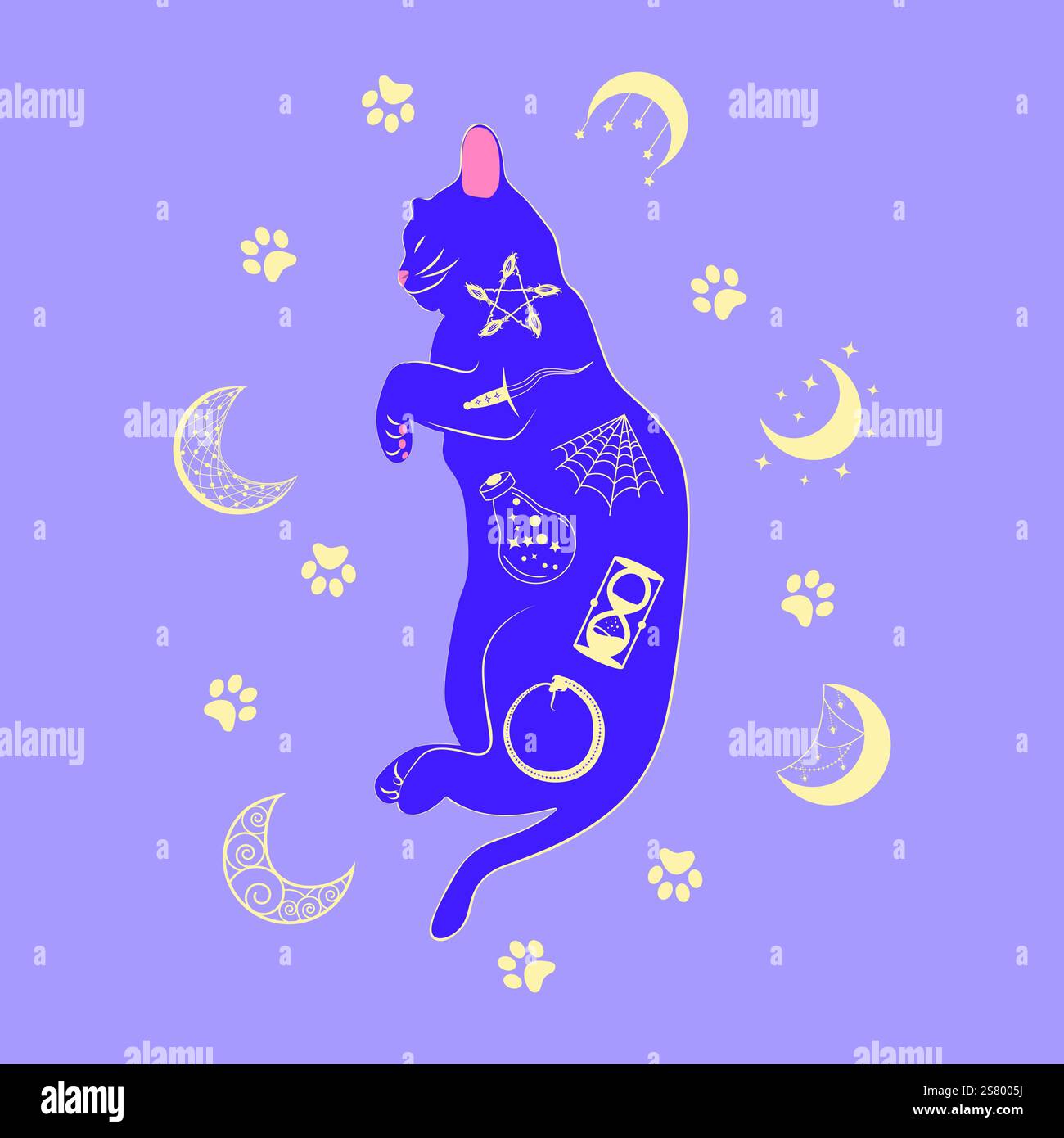 Mystical cat in boho style surrounded by stars, zodiac signs, balls ...