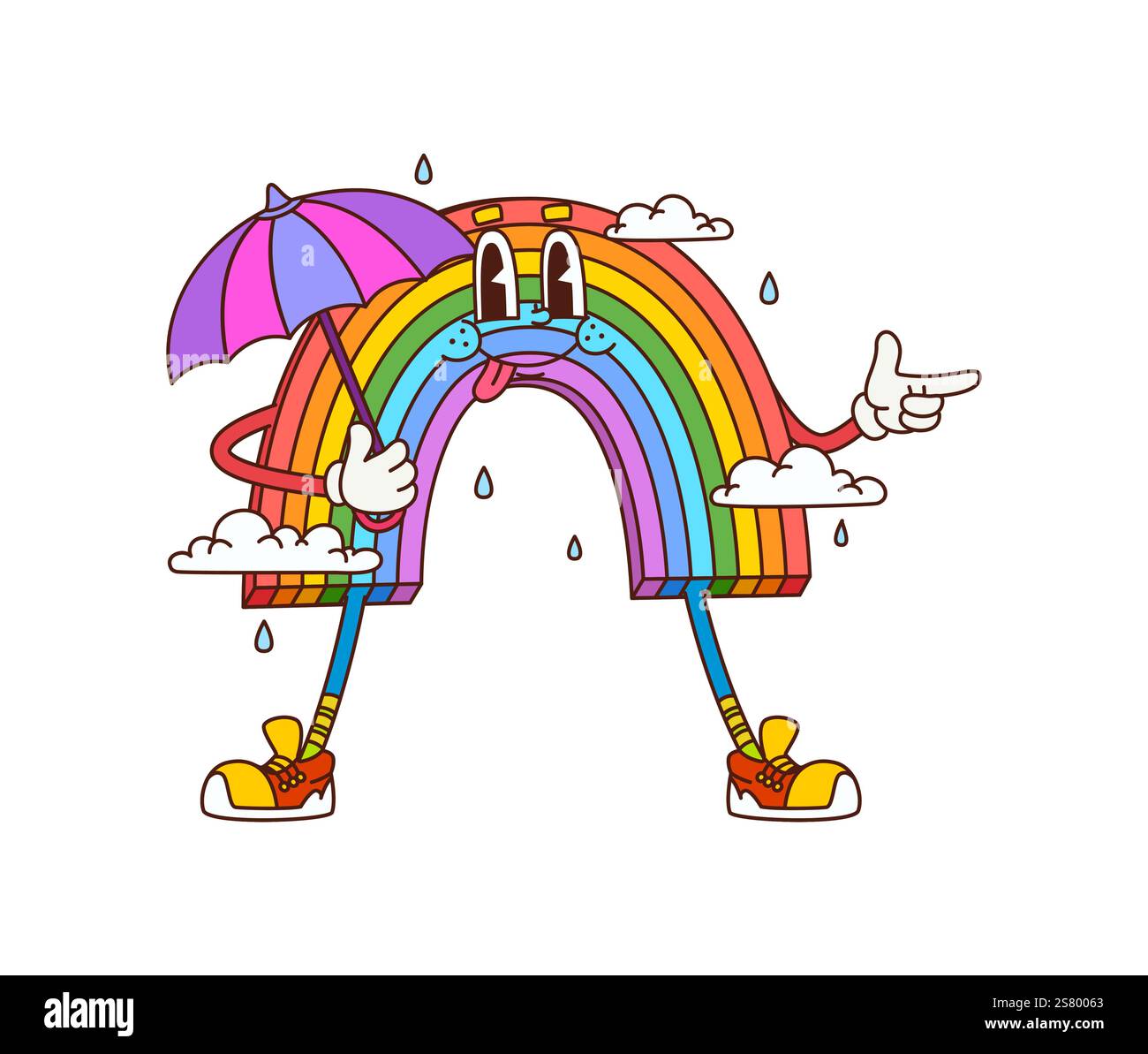 Retro groovy rainbow character with umbrella. Isolated cartoon vector ...