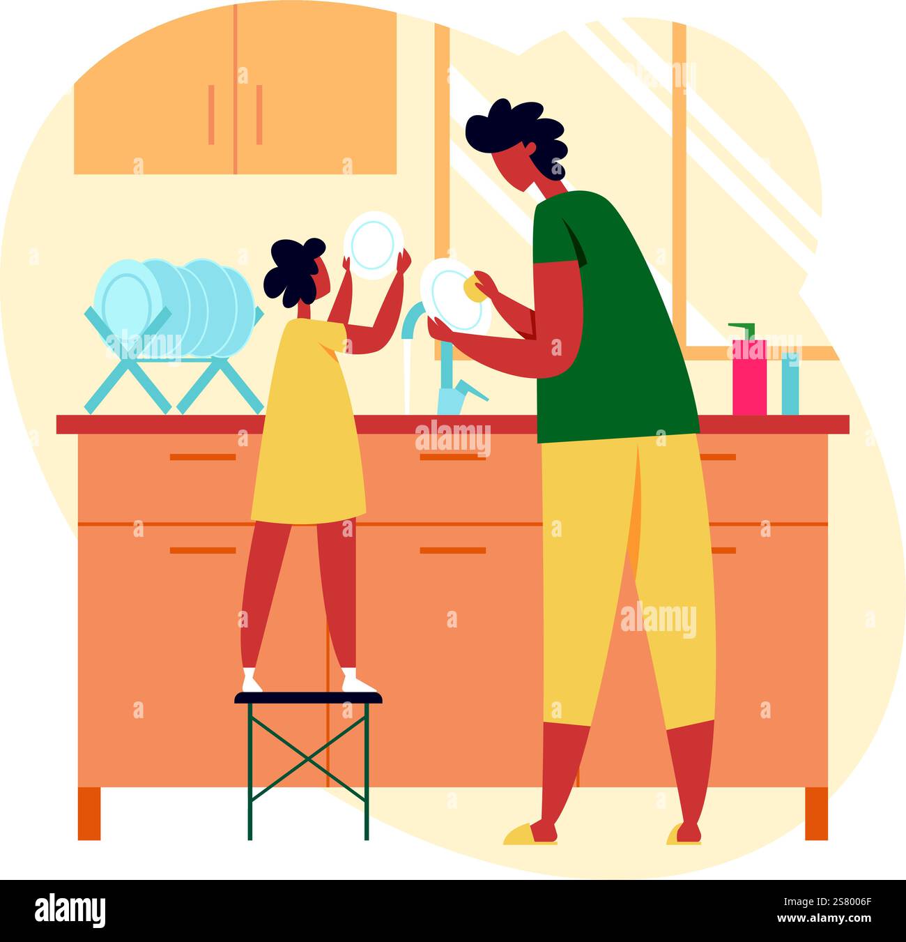 Father and daughter washing dishes together in a modern kitchen ...