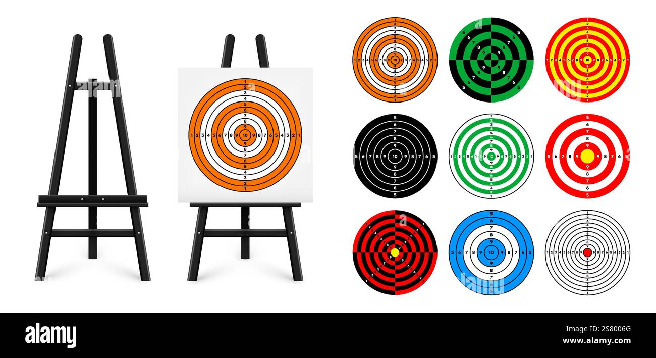 Shooting range target on a wooden easel stand. Paper target with ...
