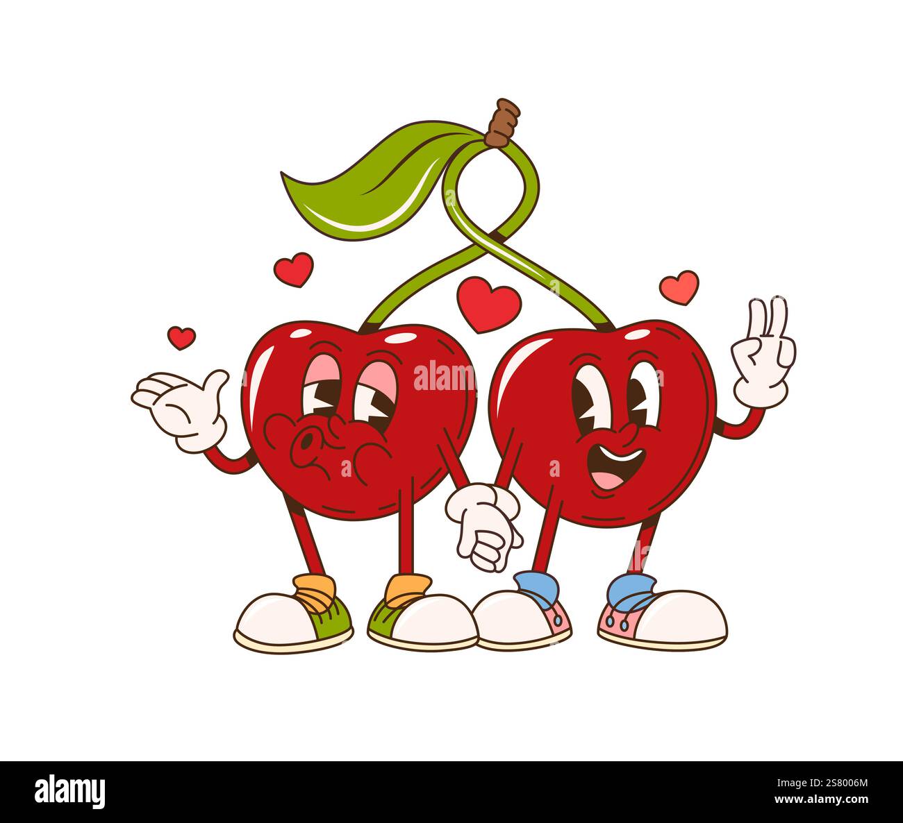 Cartoon retro groovy cherry twins characters. Farming ripe and natural ...