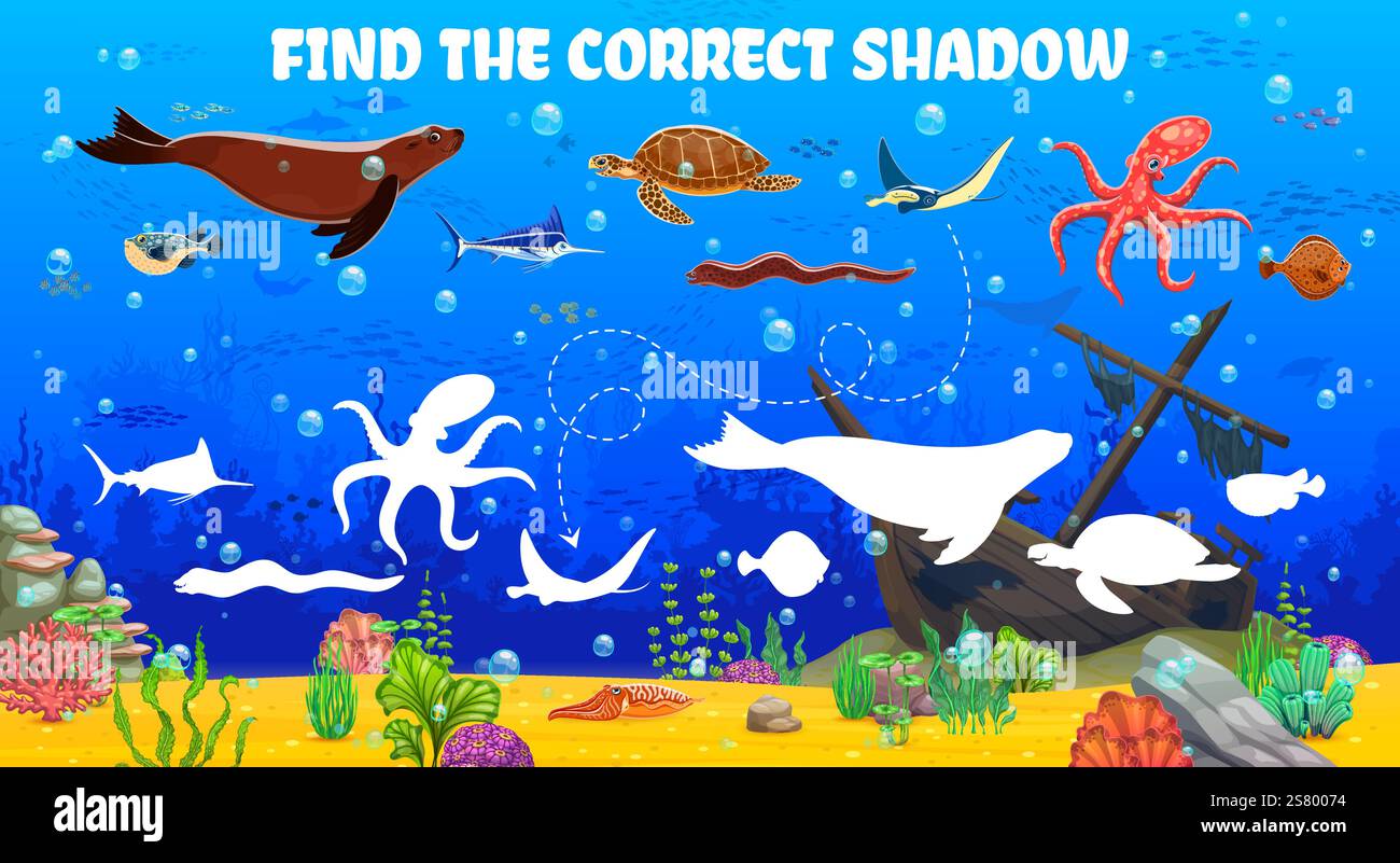 Find the correct shadow of sea animals at underwater landscape, kids ...