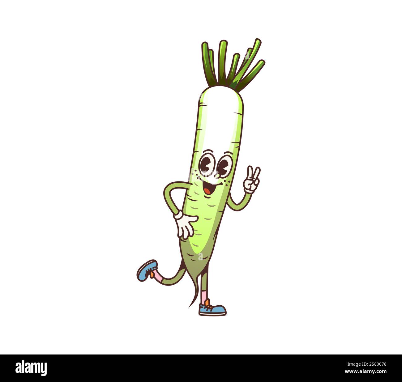 Cartoon groovy daikon vegetable character with big, expressive eyes and ...