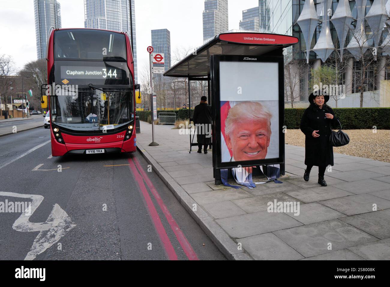 London, UK. 20th Jan, 2025. A shredded sign depicting President-elect ...