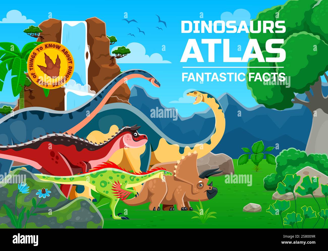 Funny cartoon dinosaur characters on prehistoric landscape, atlas book ...